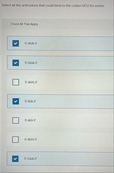 Solved Select all the anticodons that could bind to the | Chegg.com