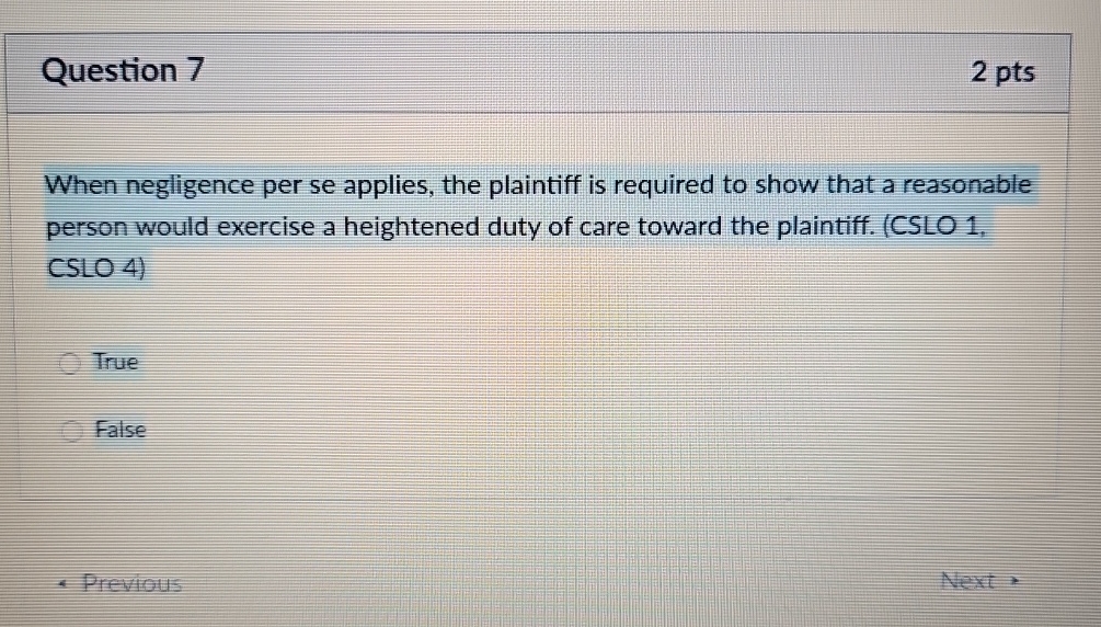 Solved Question 72 ﻿ptsWhen negligence per se applies, the | Chegg.com