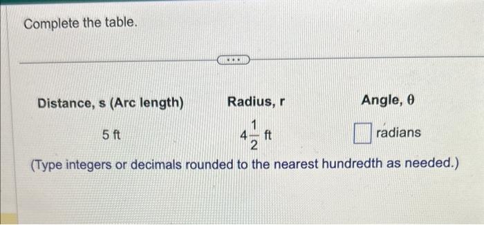 Solved Complete the table. Distance, s (Arc length) 5ft | Chegg.com