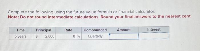 Solved Complete the following using the future value formula | Chegg.com