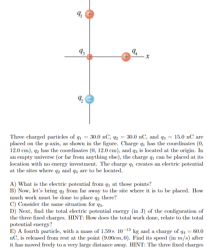 Three charged particles of q1=30.0nC,q2=30.0nC, ﻿and | Chegg.com