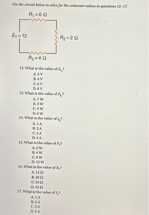 Solved Use the circuit below to solve for the unknown values | Chegg.com