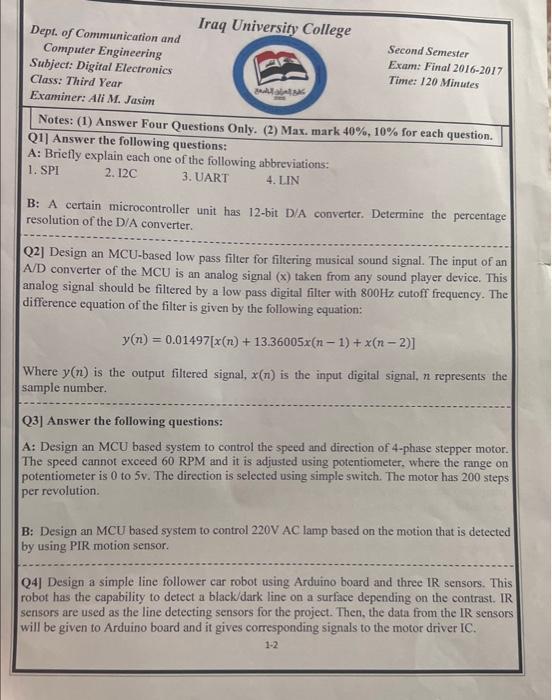 Solved Iraq University College Dept. of Communication and | Chegg.com