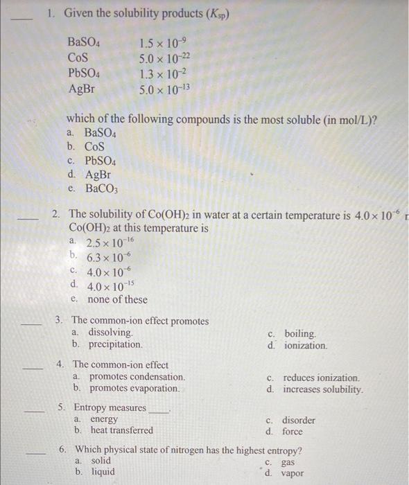 Solved 1. Given the solubility products (Ksp) BaSO4 Cos | Chegg.com