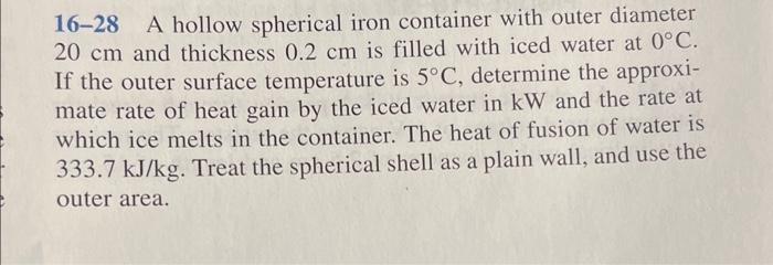 Solved 16-28 A hollow spherical iron container with outer | Chegg.com
