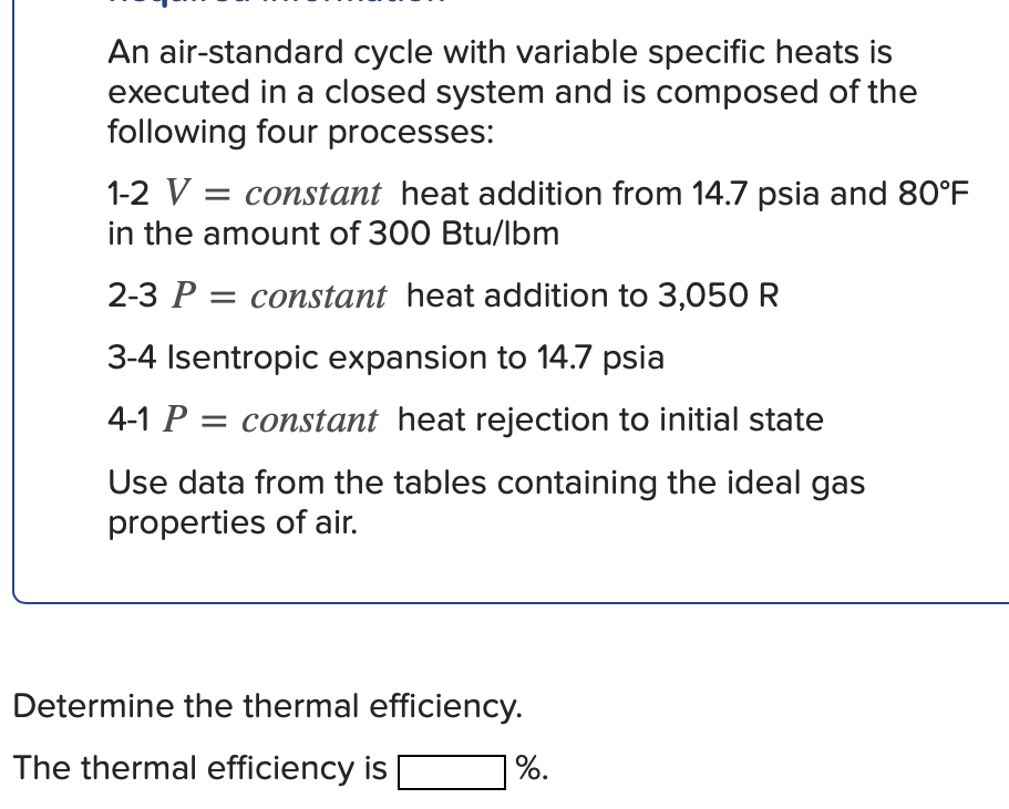 Solved An air-standard cycle with variable specific heats is | Chegg.com