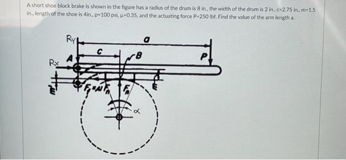 Solved A short shoe block brake is shown in the figure has a | Chegg.com