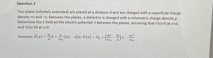 Solved Question 2 Two plane (infinitely extended) are placed | Chegg.com