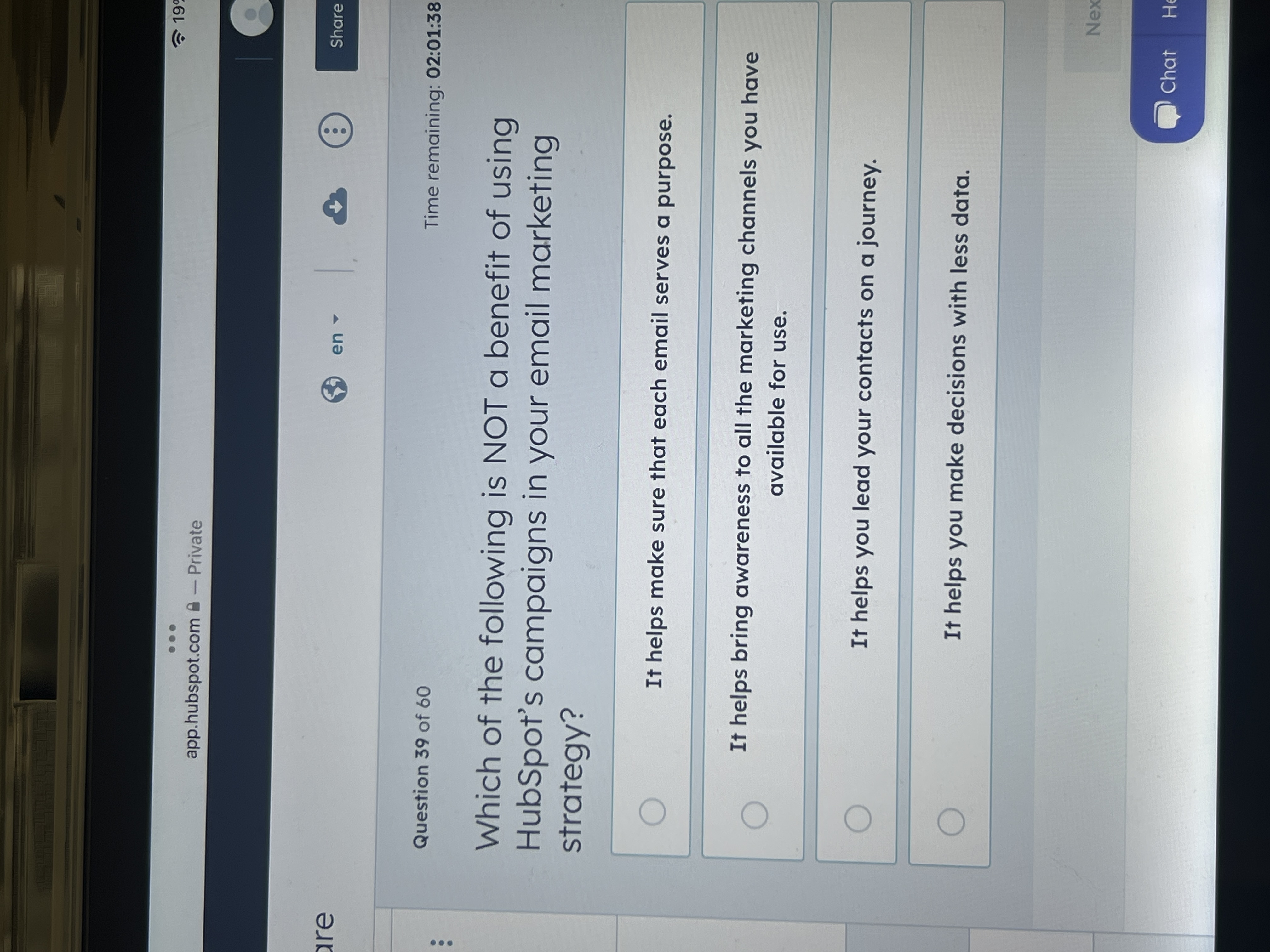 Solved Question 39 ﻿of 60Time remaining: 02:01:38Which of | Chegg.com