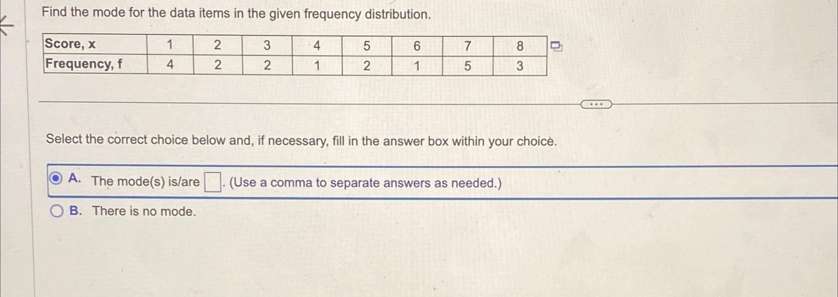 Solved Find the mode for the data items in the given | Chegg.com