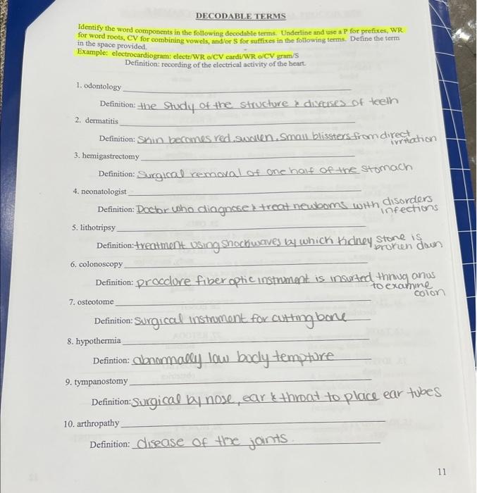 Solved DECOD ABL.E TERMS Identify the word components in the | Chegg.com