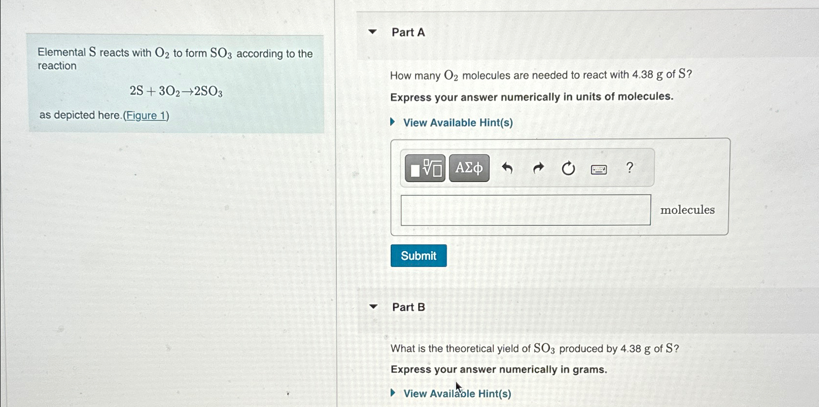 Solved Elemental S ﻿reacts with O2 ﻿to form SO3 ﻿according | Chegg.com