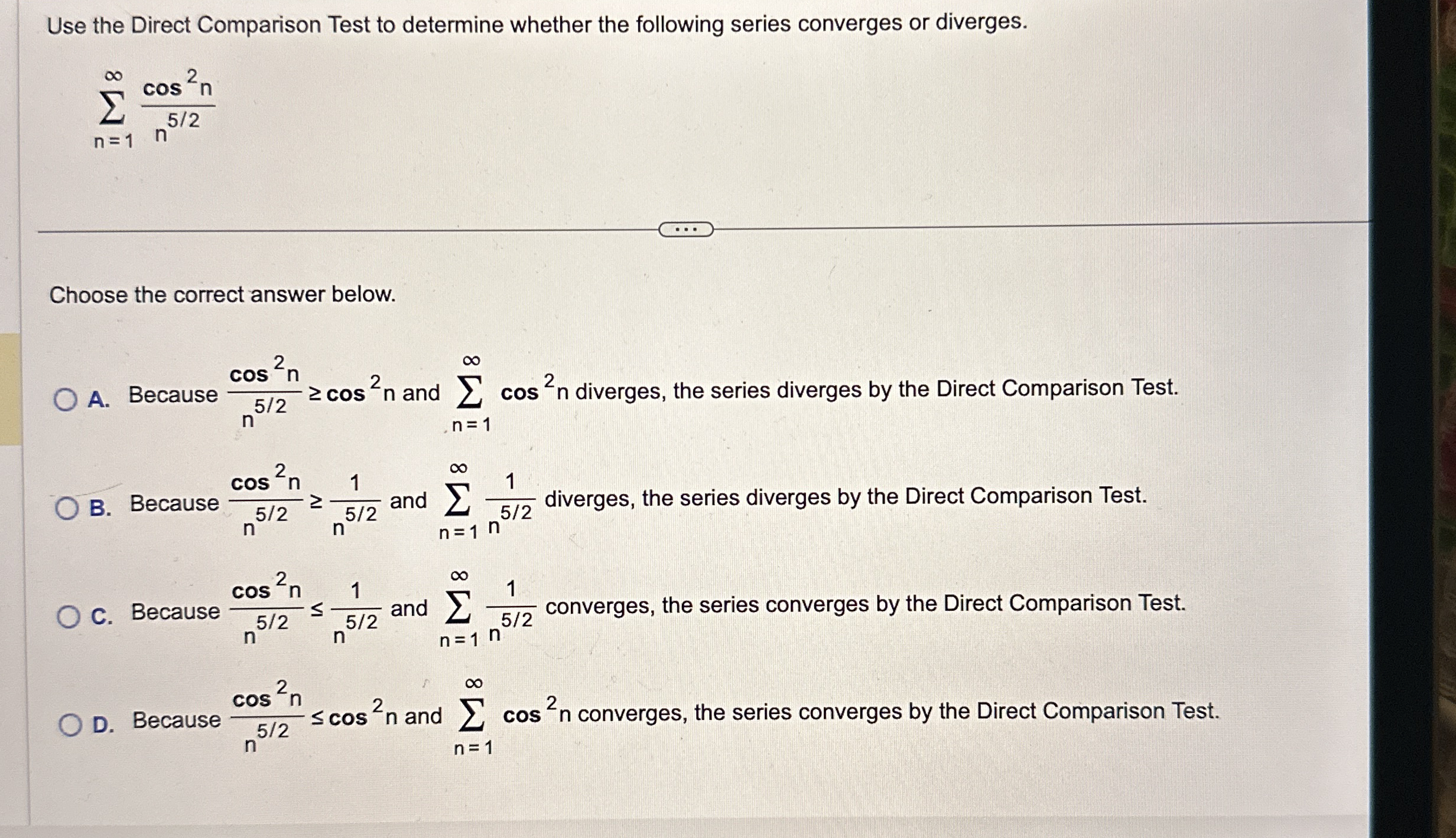 Solved Use the Direct Comparison Test to determine whether | Chegg.com
