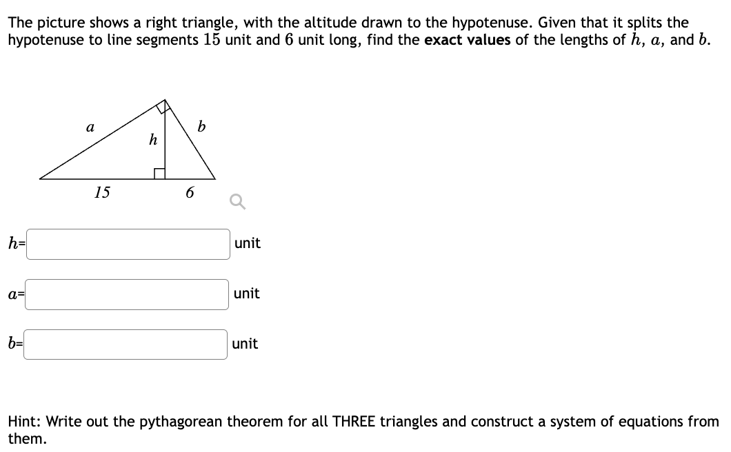 Solved The picture shows a right triangle, with the altitude | Chegg.com