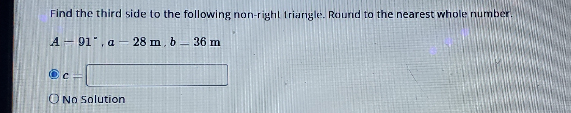 Solved Find the third side to the following non-right | Chegg.com