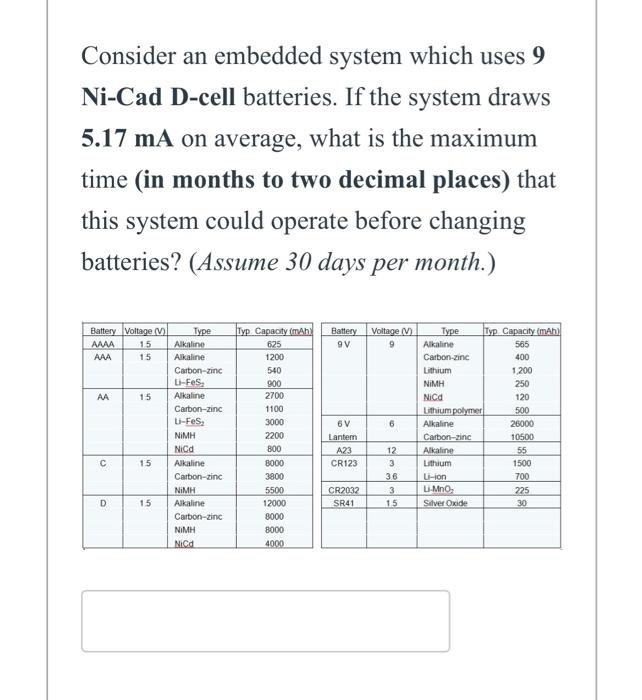 Solved Consider an embedded system which uses 9 Ni-Cad | Chegg.com