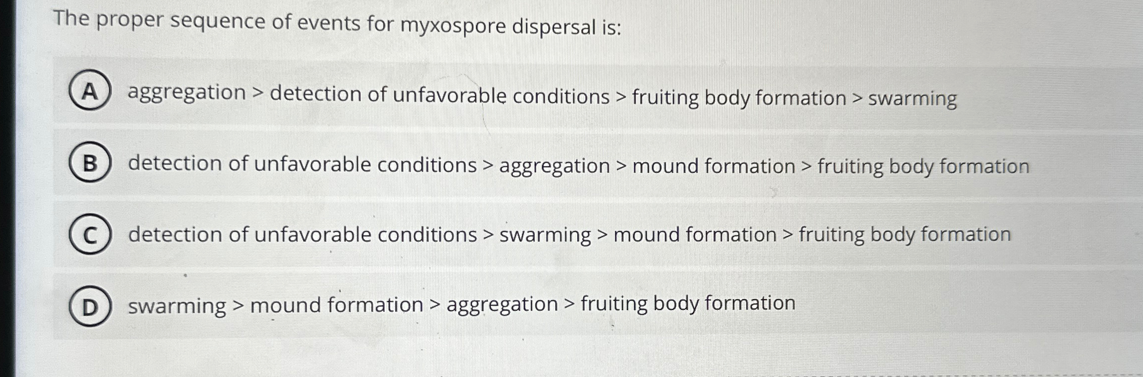Solved The proper sequence of events for myxospore dispersal | Chegg.com