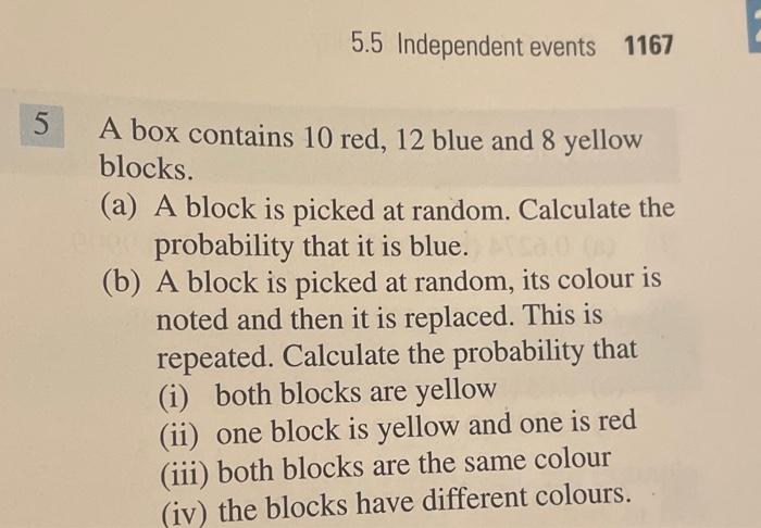 Solved A box contains 10 red, 12 blue and 8 yellow blocks. | Chegg.com