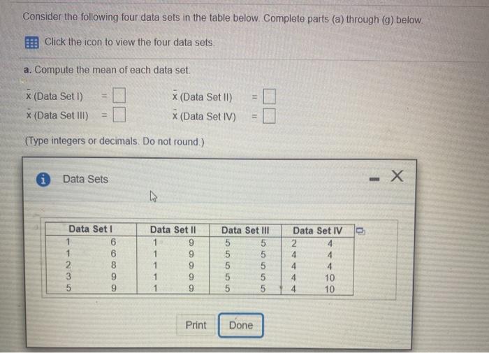 Solved Consider the following four data sets in the table | Chegg.com