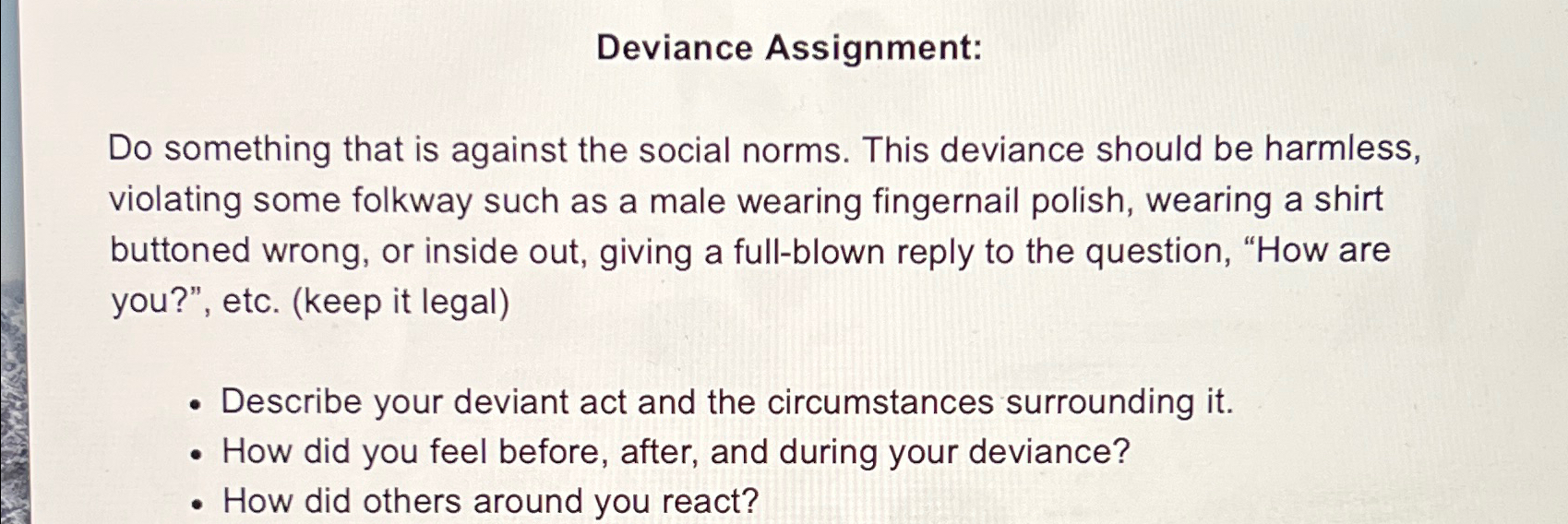 Solved Deviance Assignment:Do something that is against the | Chegg.com