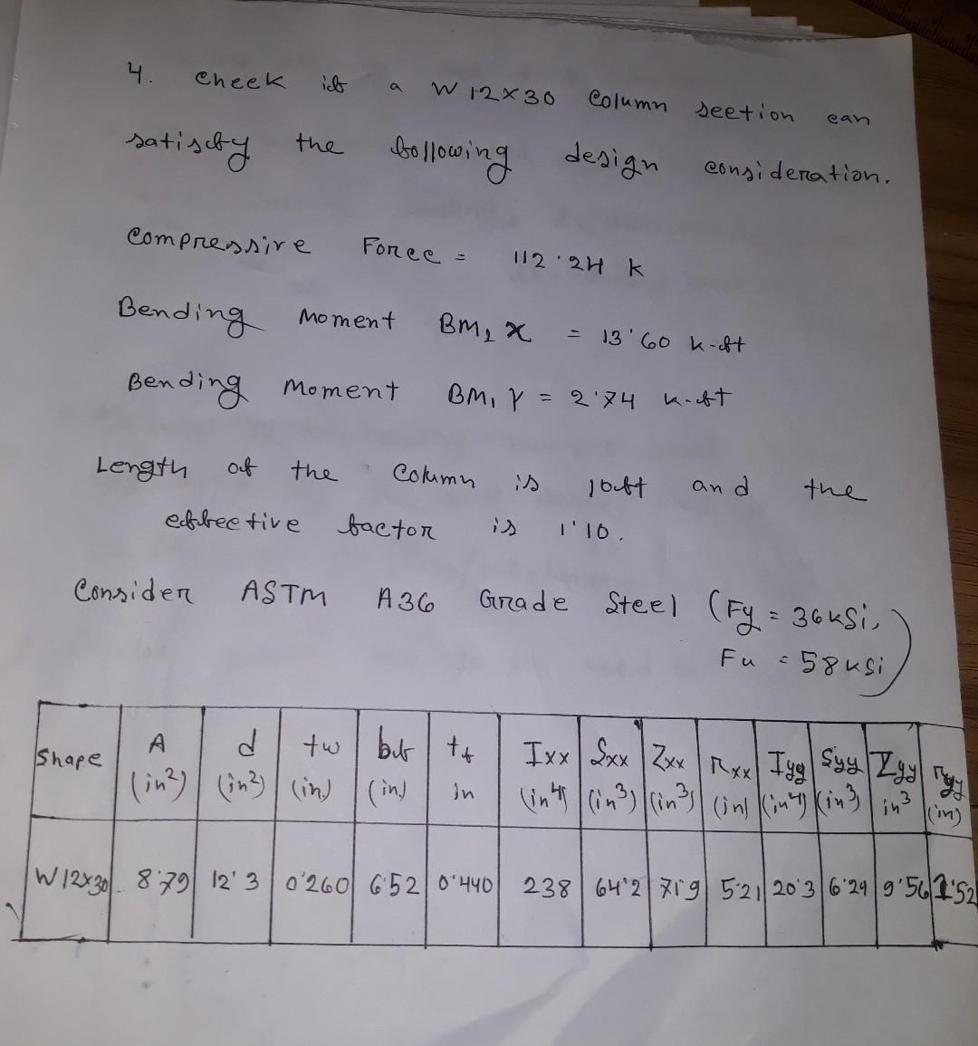 4. Cheek W 12x30 Column seetion can satisby the | Chegg.com