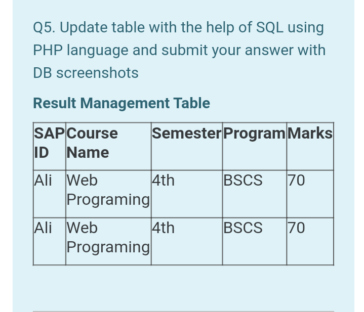 Solved Q5. Update table with the help of SQL using PHP | Chegg.com
