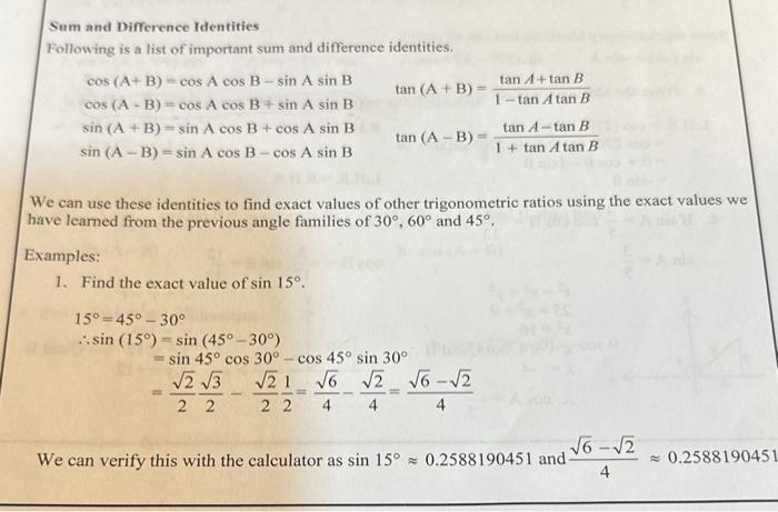Solved Sum and Difference Identities Following is a list of | Chegg.com