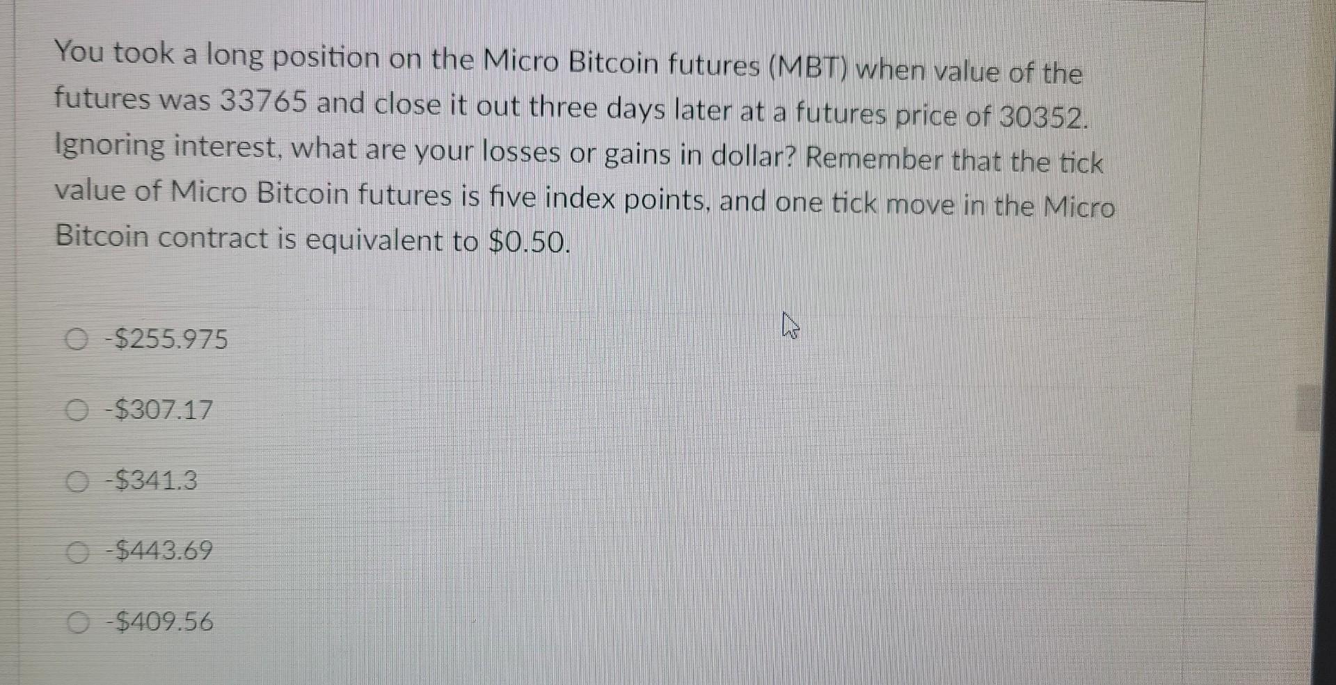 Solved You took a long position on the Micro Bitcoin futures | Chegg.com
