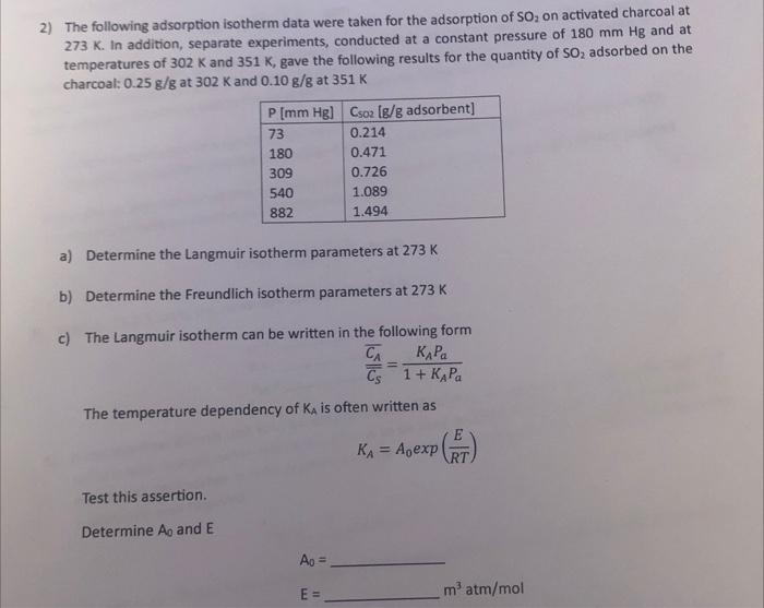 Solved 2) The following adsorption isotherm data were taken | Chegg.com