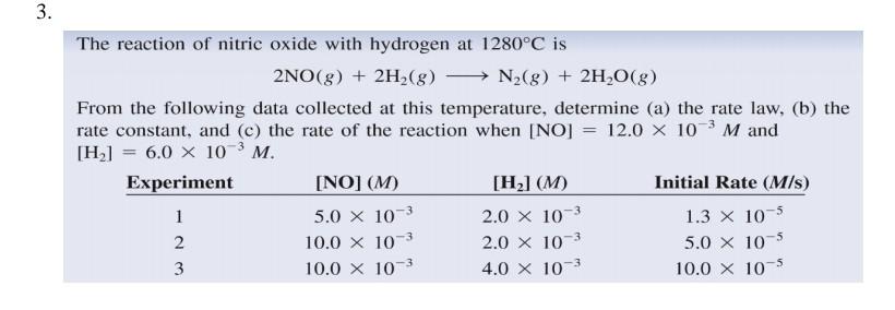 Solved 2NO(g)+2H2(g) N2(g)+2H2O(g) From the following data | Chegg.com