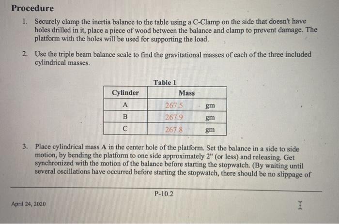 Solved Procedure 1. Securely clamp the inertia balance to | Chegg.com