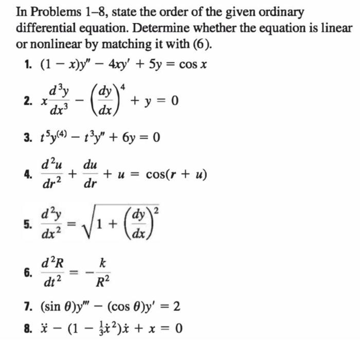 Solved In Problems 1-8, state the order of the given | Chegg.com