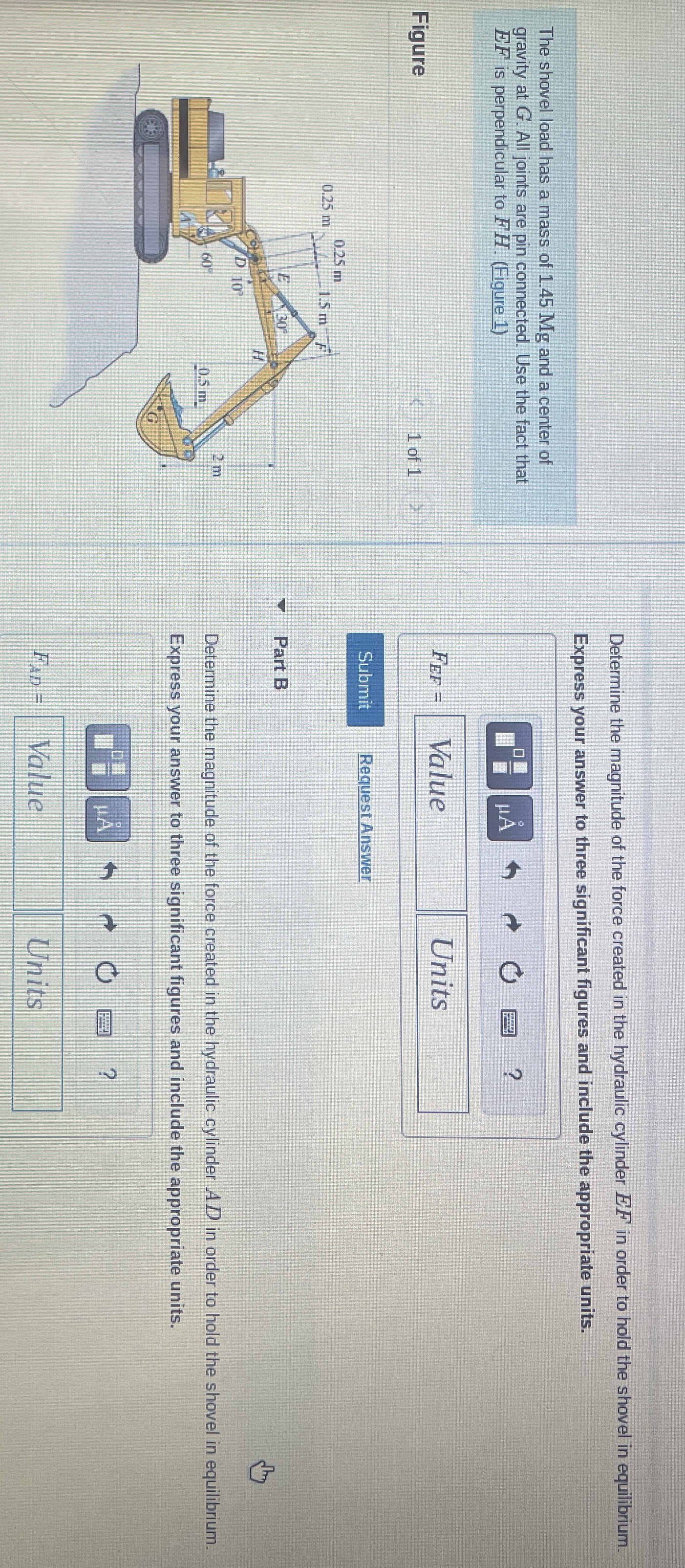 Solved The shovel load has a mass of 1.45 ﻿Mg and a center | Chegg.com