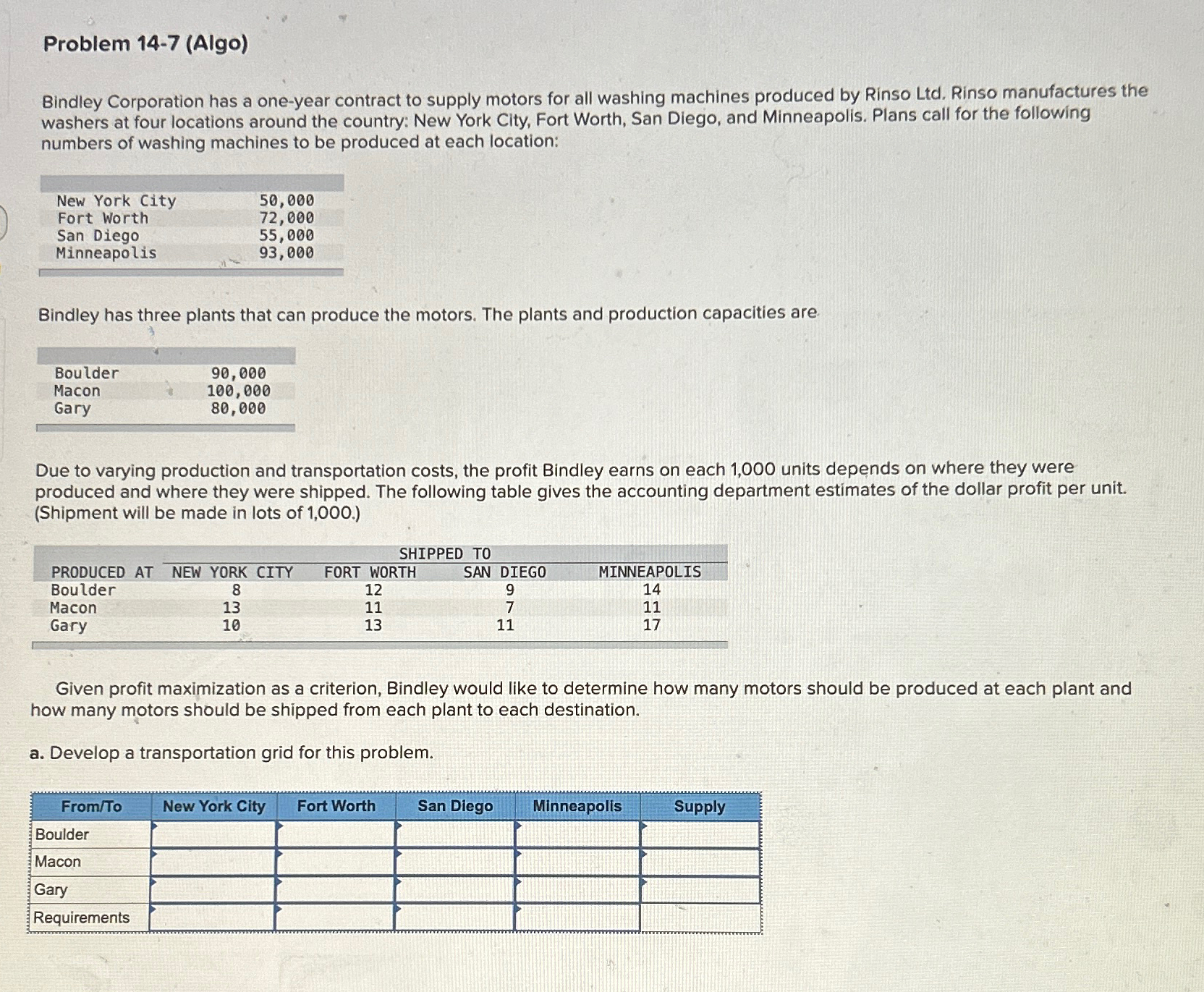 Solved Problem 14-7 (Algo)Bindley Corporation has a one-year | Chegg.com