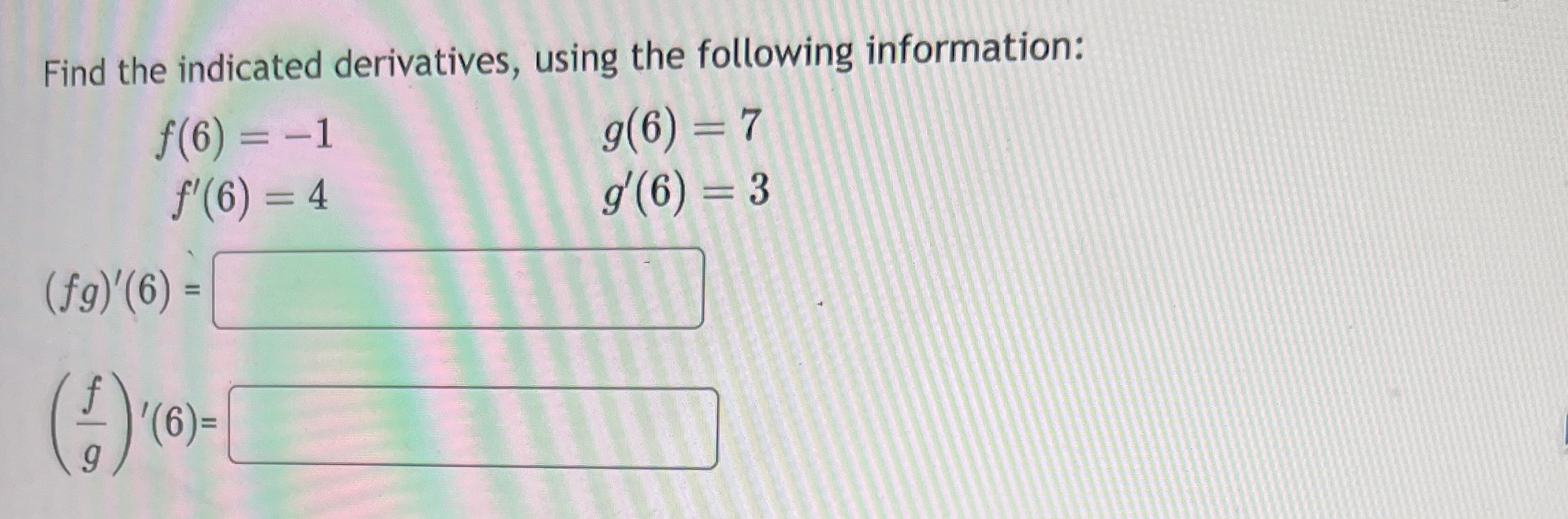 Solved Find the indicated derivatives, using the following | Chegg.com
