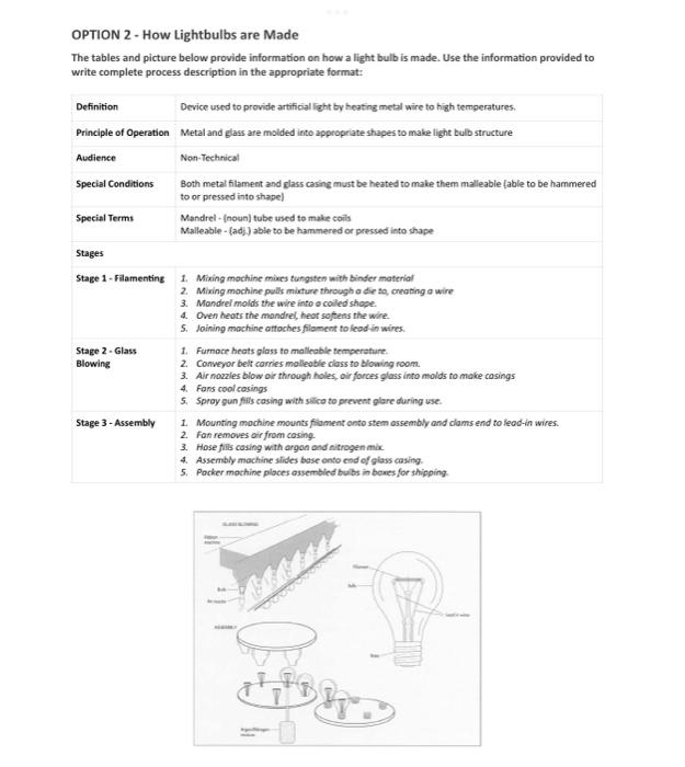OPTION 2 - How Lightbulbs are Made The tables and | Chegg.com