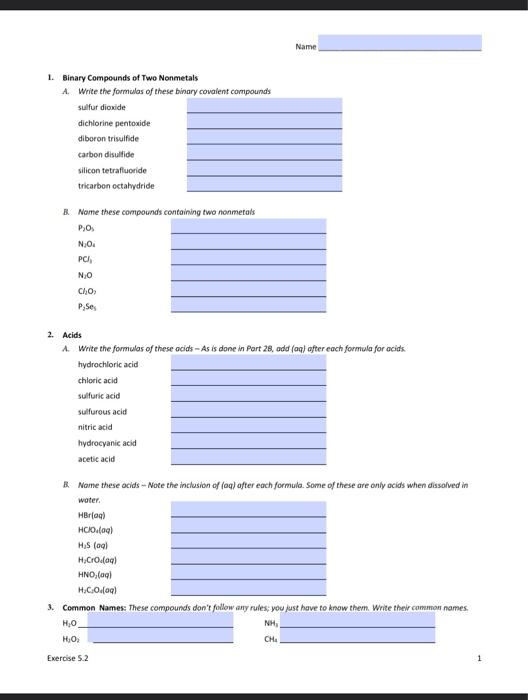 Solved 1. Binary Compounds of Two Nonmetals A. Write the | Chegg.com