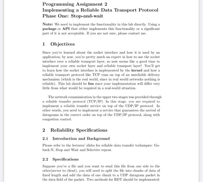 Programming Assignment 2 Implementing a Reliable Data | Chegg.com