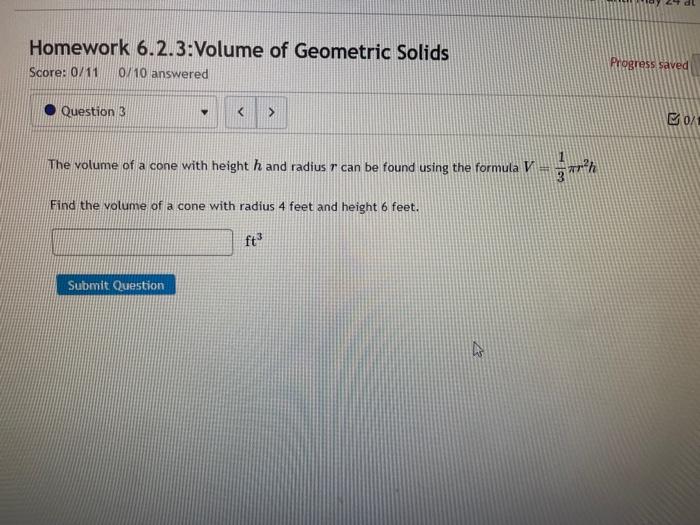 Solved Homework 6.2.3:Volume of Geometric Solids Score: | Chegg.com