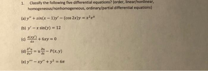 Solved 1. Classify the following five differential | Chegg.com
