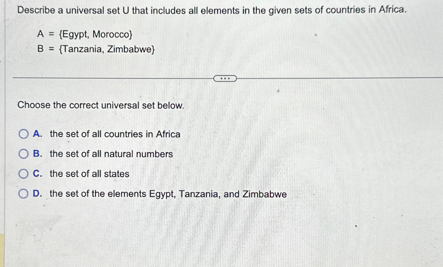 Solved Describe a universal set U that includes all | Chegg.com Solved Describe a universal set U that includes all | Chegg.com