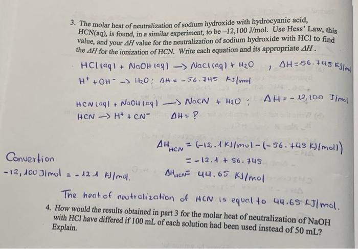 Solved 3. The molar heat of neutralization of sodium | Chegg.com