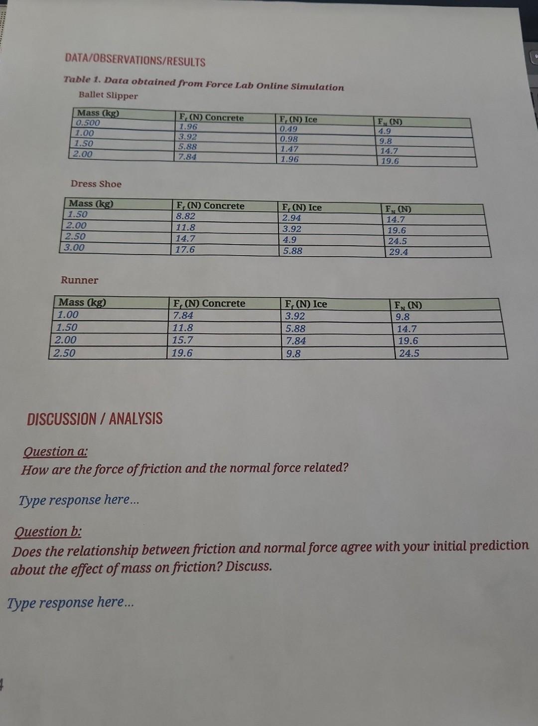 Solved DATA/OBSERVATIONS/RESULTS 4 Table 1. Data obtained | Chegg.com