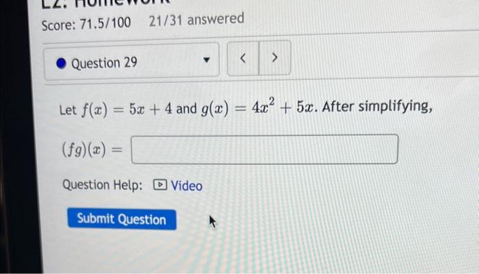 Solved f(x)=5x+4 and g(x)=4x2+5x | Chegg.com