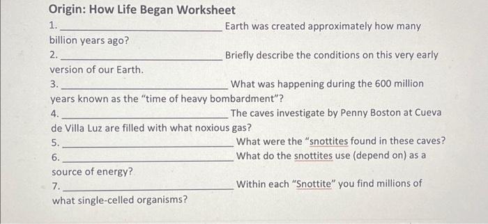 Solved Origin: How Life Began Worksheet 1. billion years | Chegg.com