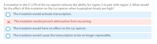 Solved A mutation in the 5' ﻿UTR of the trp operon reduces | Chegg.com