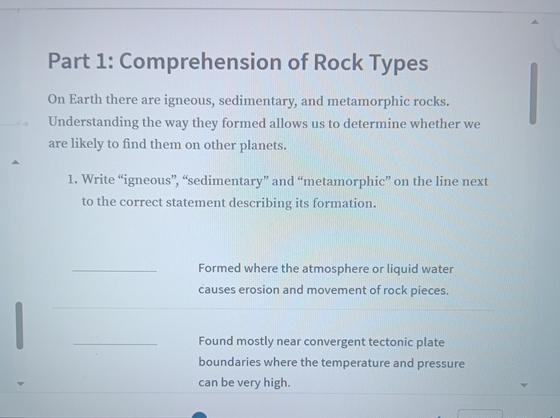 Solved Part 1: Comprehension of Rock TypesOn Earth there are | Chegg.com