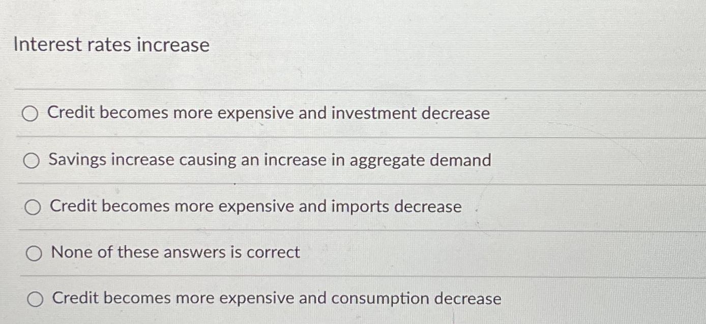 Solved Interest rates increaseCredit becomes more expensive | Chegg.com