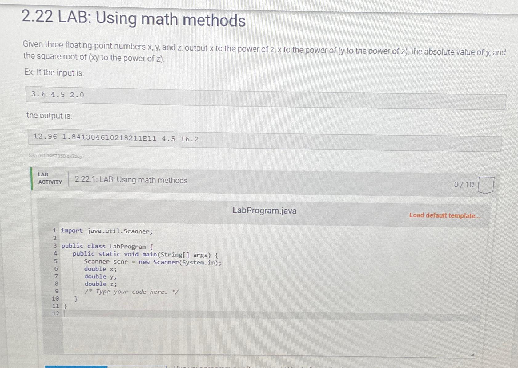 Solved 2.22 ﻿LAB: Using math methodsGiven three | Chegg.com