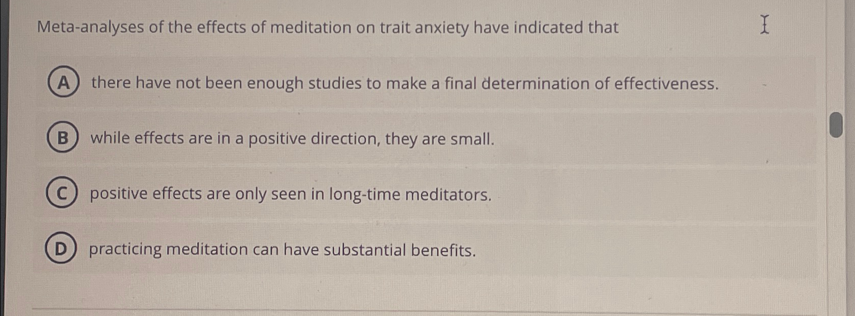Solved Meta-analyses of the effects of meditation on trait | Chegg.com